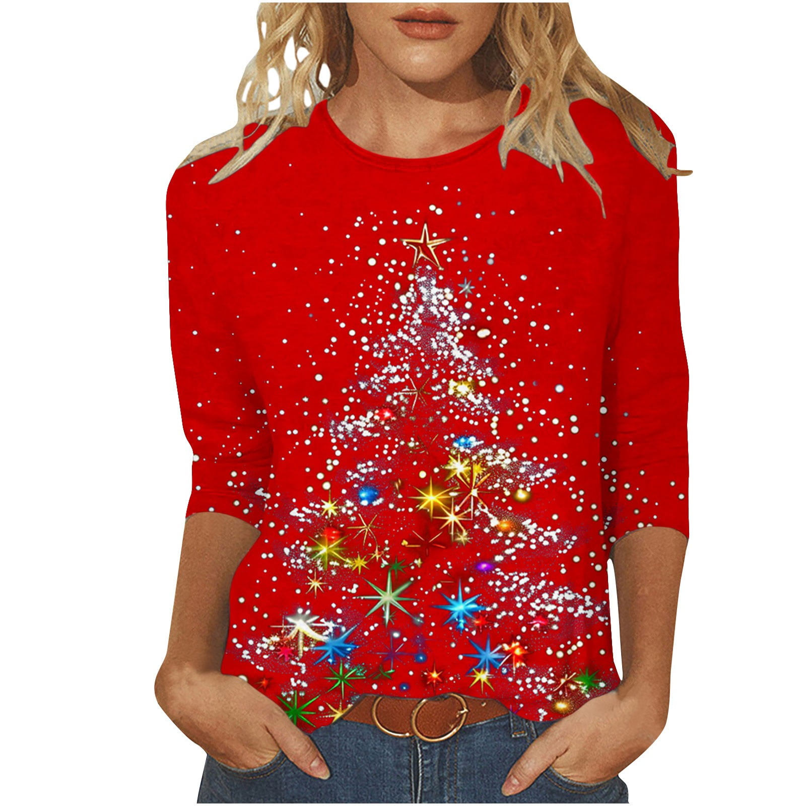Ecqkame Christmas Shirts For Women Plus Size Funny Snowflake 3/4 Sleeve ...