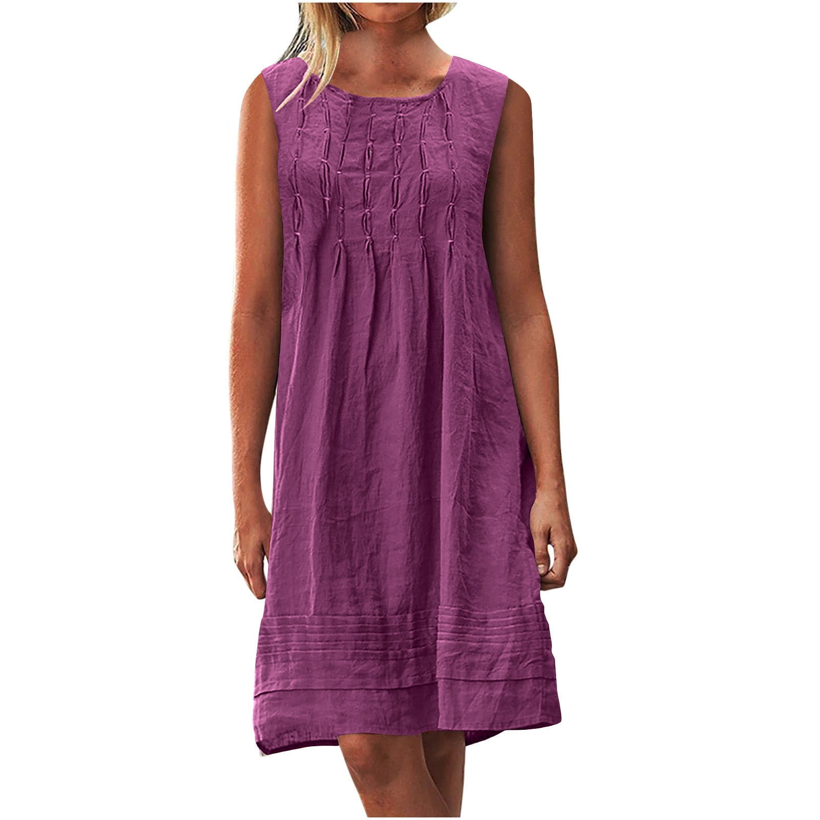 Ecqkame Cotton Linen Dresses for Women 2025 Summer Solid Color Pleated ...