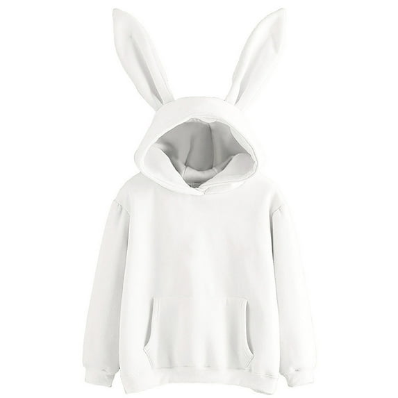 Ecqkame Cute Bunny Hoodie Womens Bunny Ear Solid Color Long Sleeve ...
