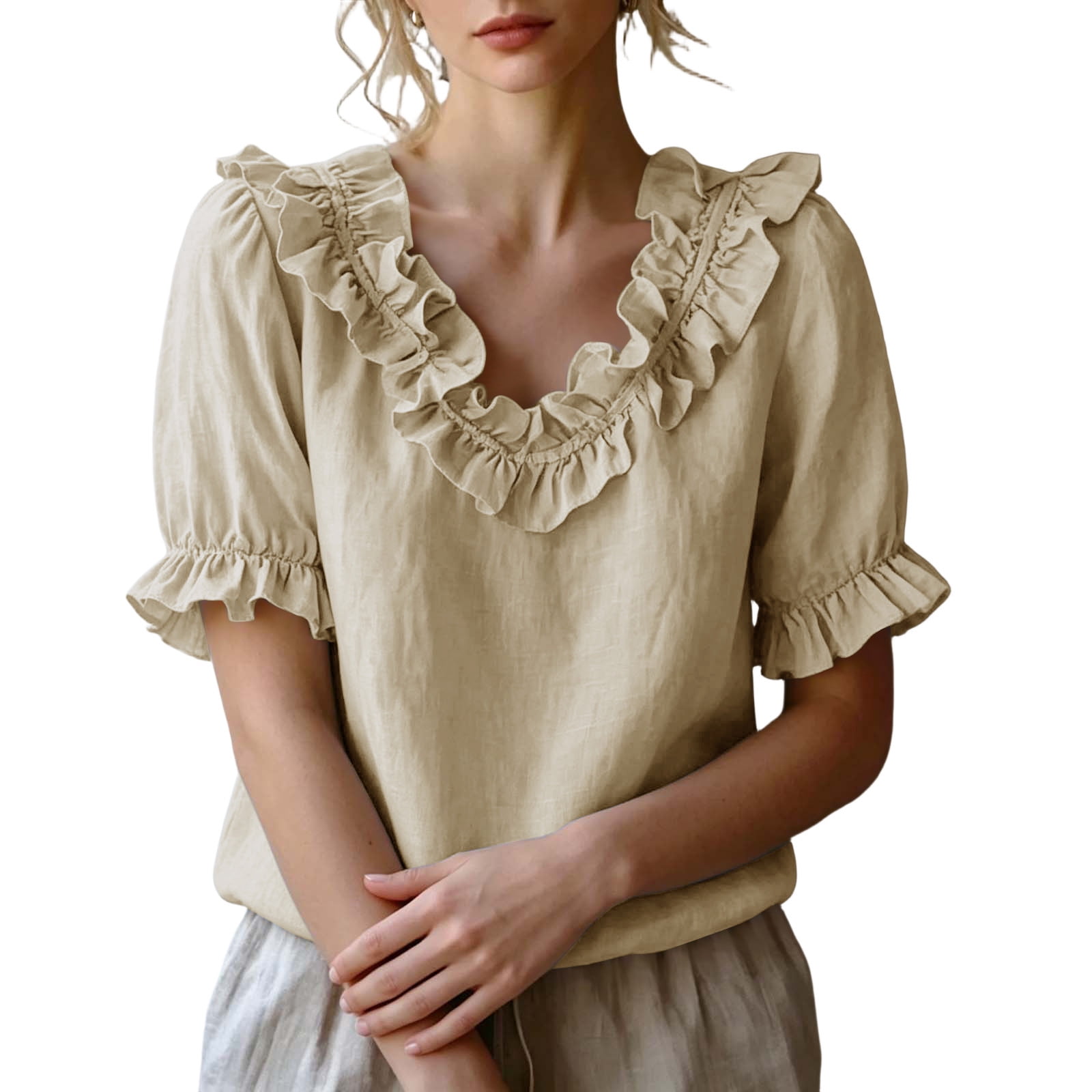 Ecqkame Cute Summer Tops Ruffle V Neck Puff Short Sleeve Casual Shirts ...