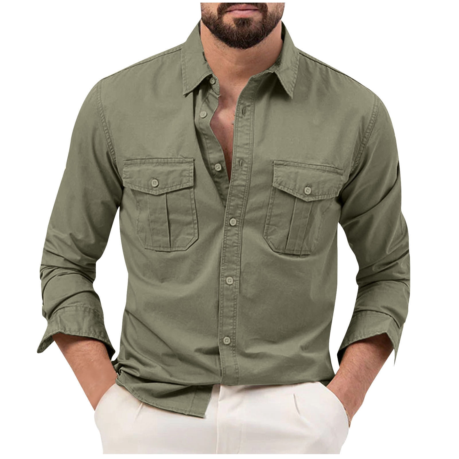 Ecqkame Lightweight Button Up Shirts for Men Casual Cargo Long Sleeve ...