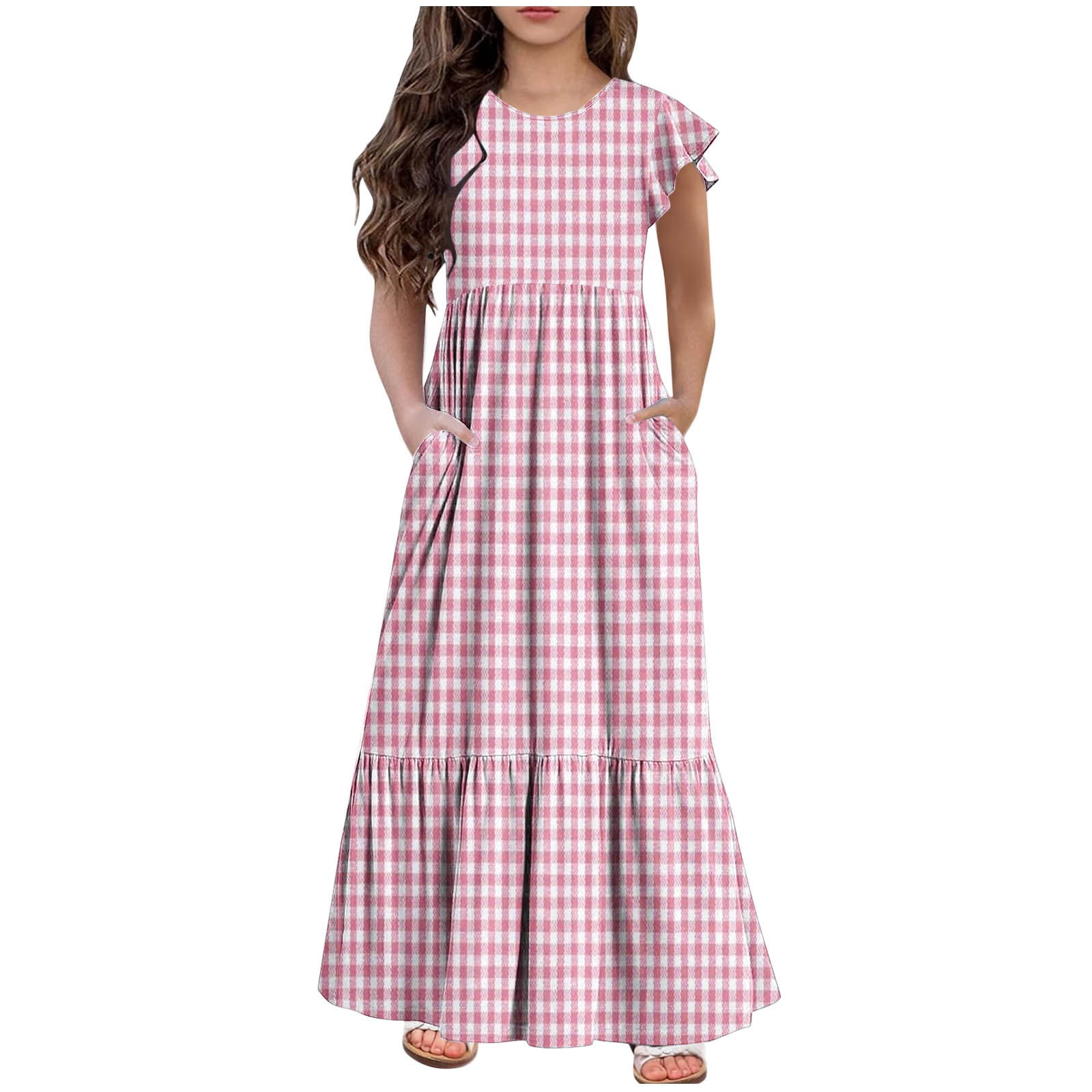 Ecqkame Maxi Dresses for Girls 2024 Child Short Sleeve Casual A-Line ...