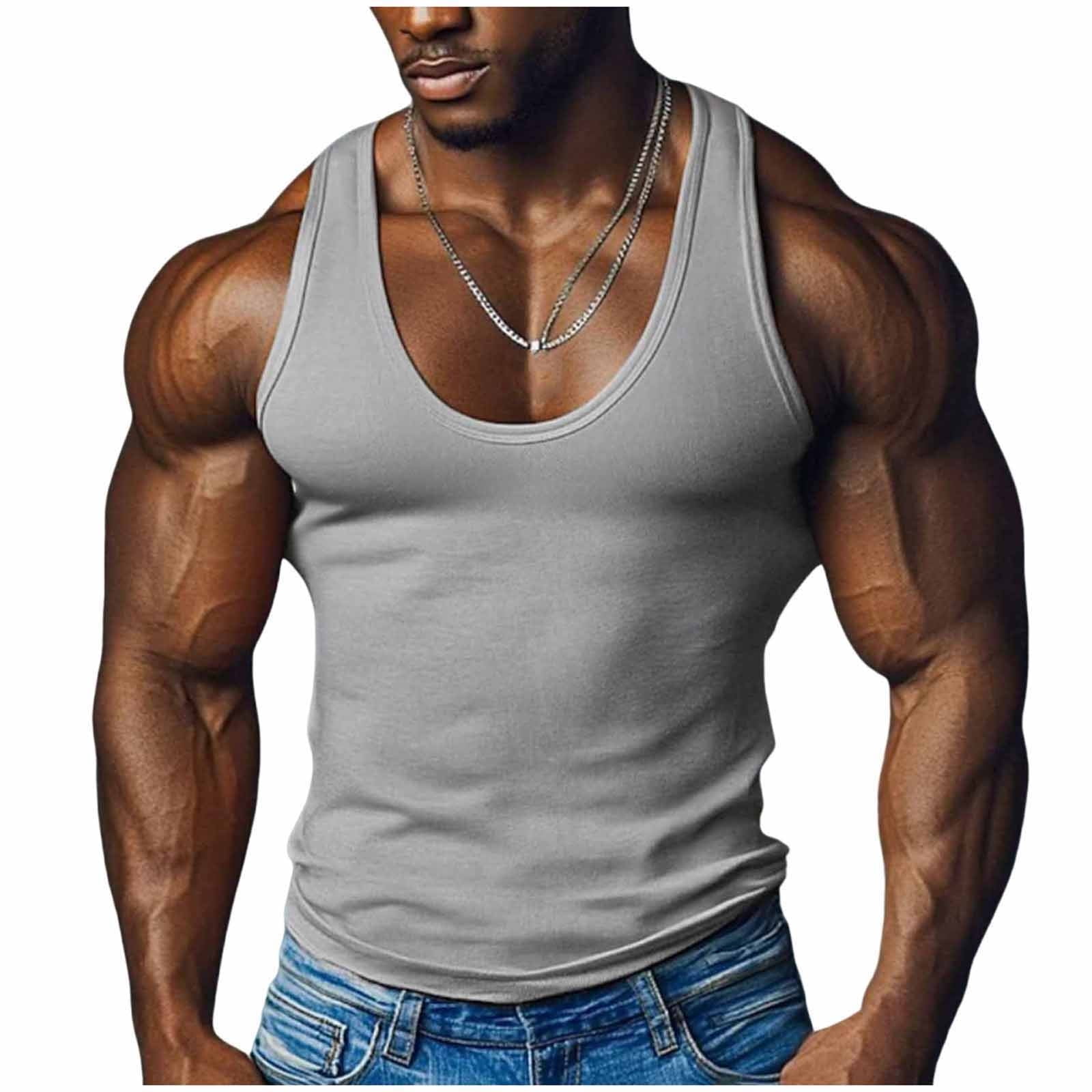 Ecqkame Men Fitness Tank Tops Solid Color Casual Sleeveless Crew Neck ...