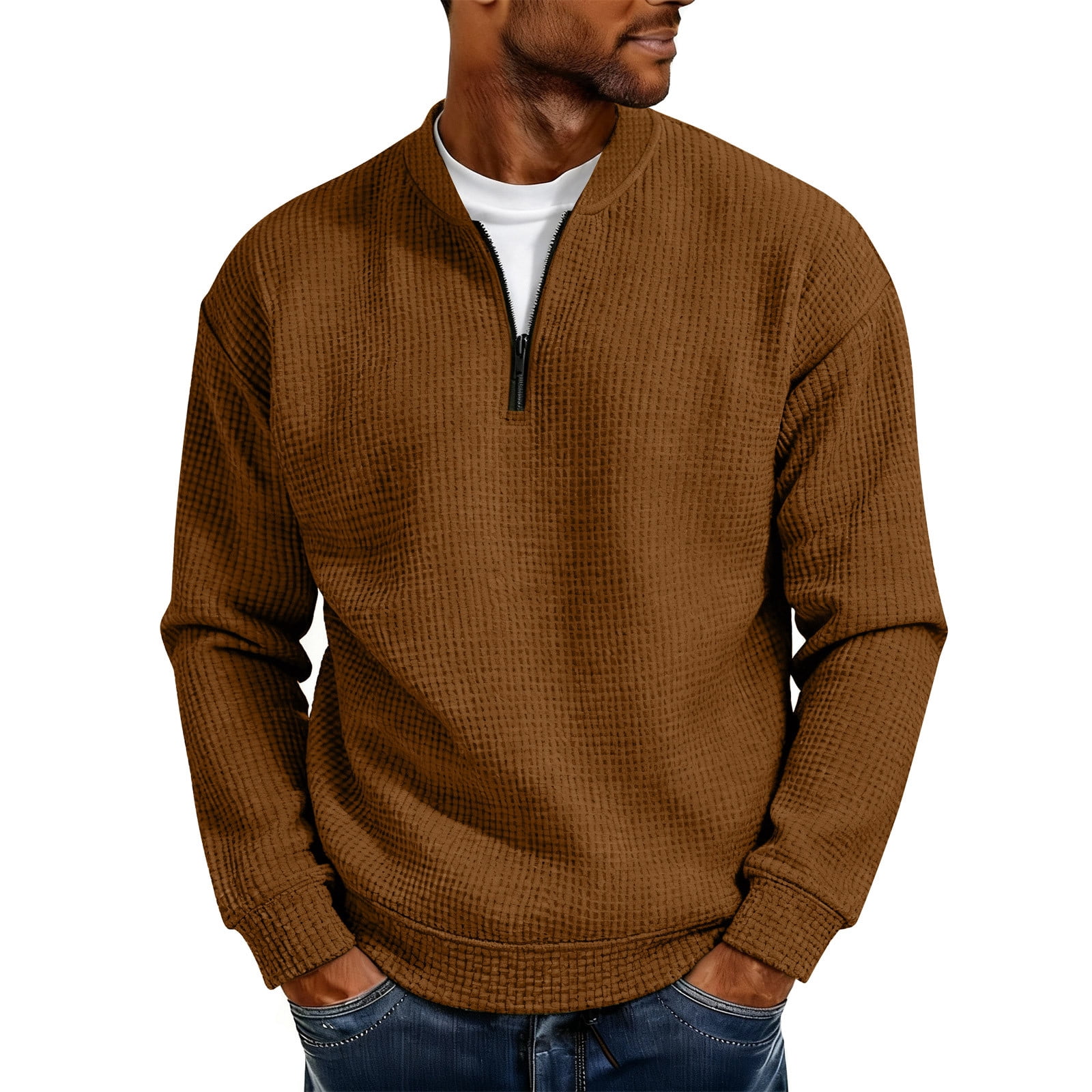Ecqkame Men's Casual Waffle Tops Fashion Turndown Collar Button Long ...