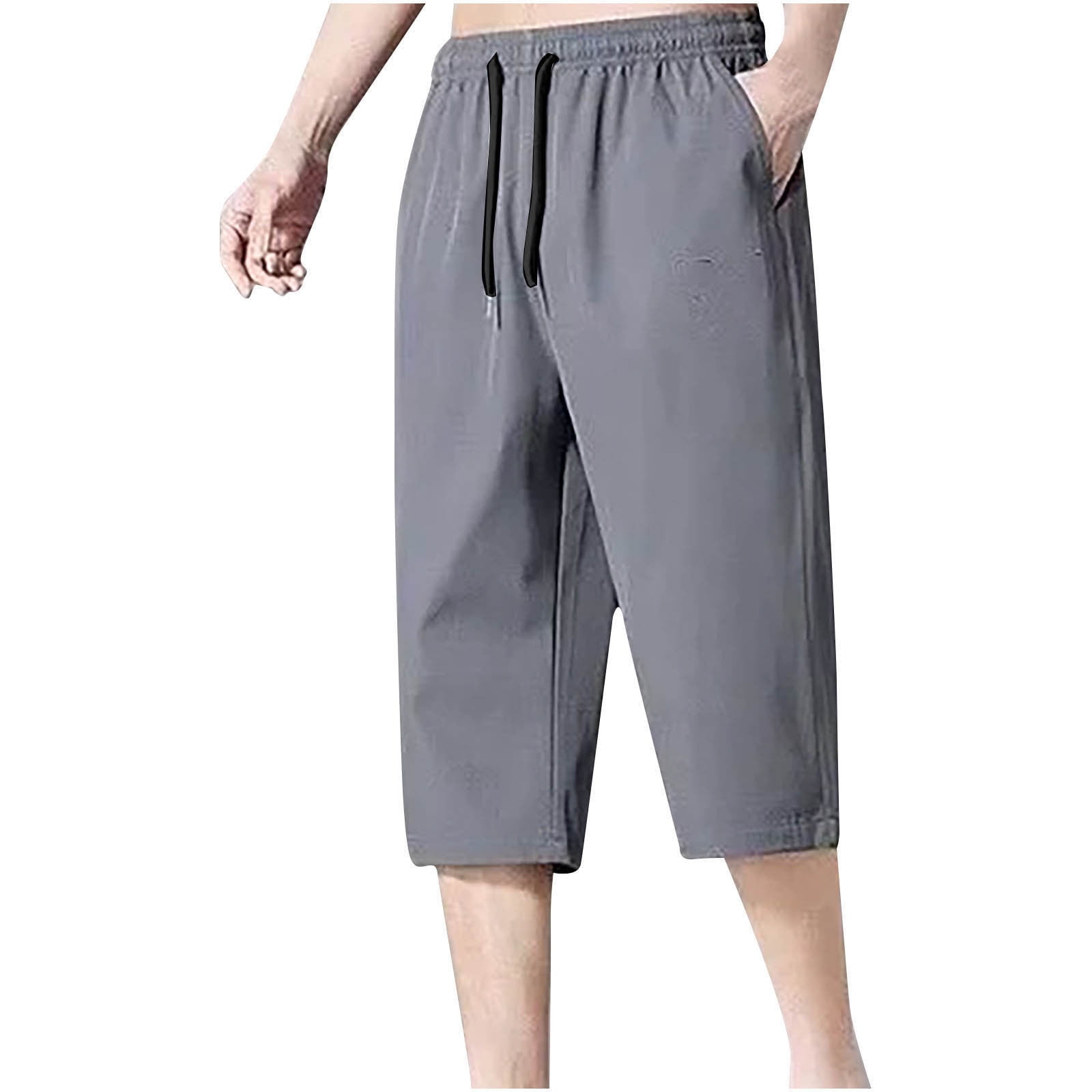 Ecqkame Men's Causal Cropped Pants Solid Color Loose Soft Elastic Waist ...