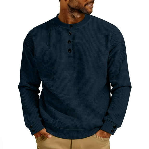 Ecqkame Men's Henley Shirts Textured Walf Checks Long Sleeve ...