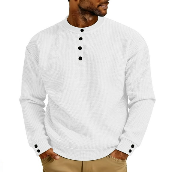 Ecqkame Men's Henley Shirts Textured Walf Checks Long Sleeve ...