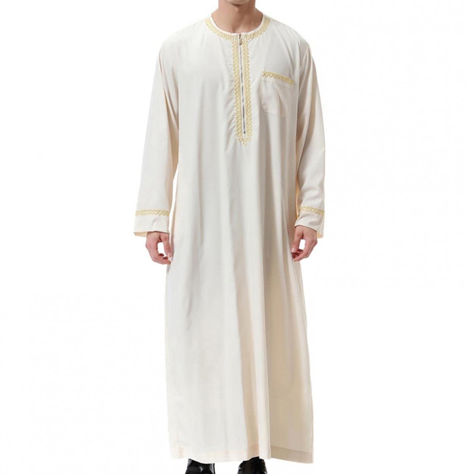 Ecqkame Men's Muslim Robe Arab Middle Robe Long Sleeve Embroidered Crew ...