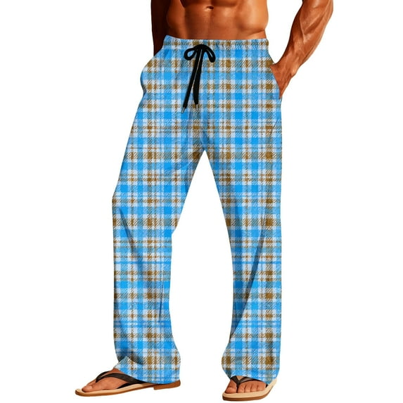 Ecqkame Men's Pajamas Pants Casual Plaid Printing Loose Elastic Waist ...