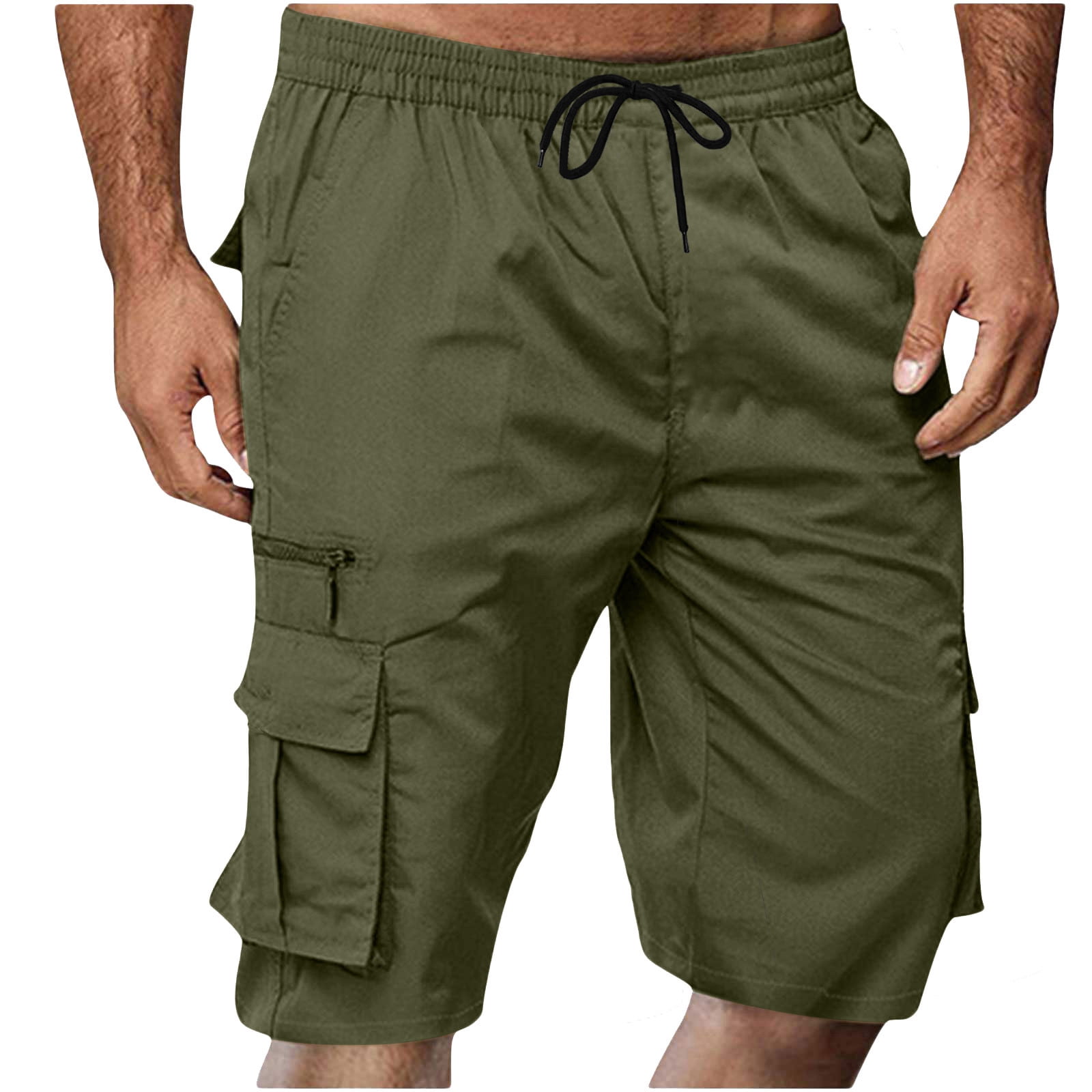 Ecqkame Mens Cargo Shorts Casual Elastic Waist Button Zipper Solid Knee ...