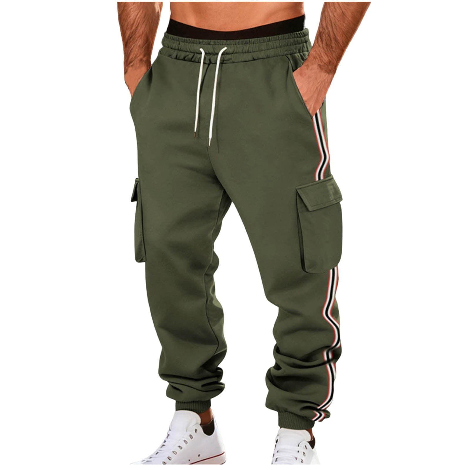 Ecqkame Mens Fleece Cargo Sweatpants Vintage Striped Elastic Waist ...