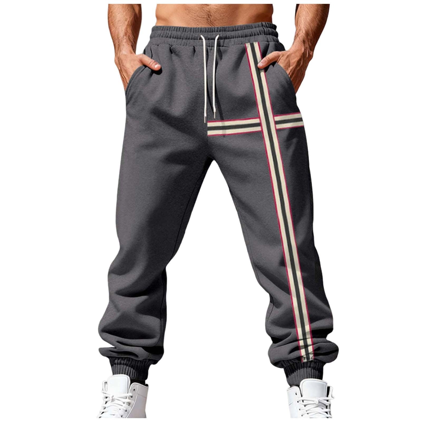 Ecqkame Mens Fleece Cargo Sweatpants Vintage Striped Elastic Waist ...