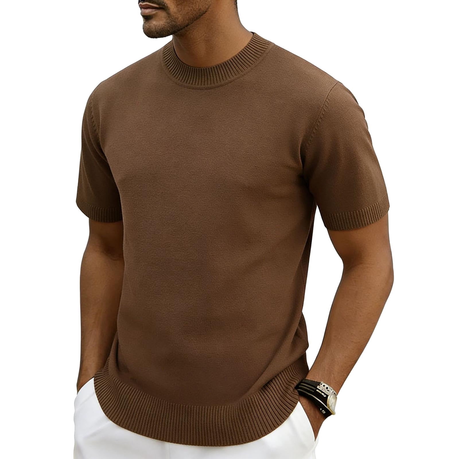 Ecqkame Mens Shirts Knitted Pit Stripe Slim Fit Textured Breathable ...