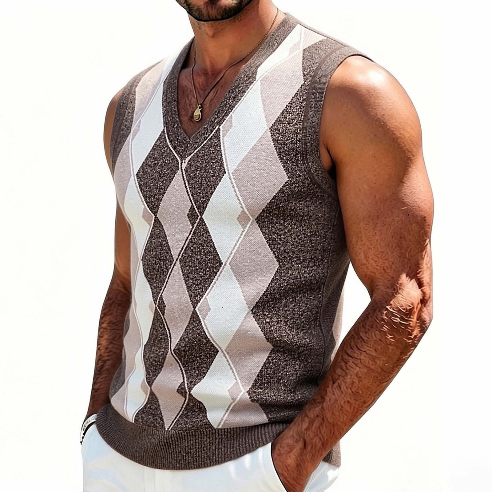 Ecqkame Mens Tank Tops Knitted Pit Stripe Slim Fit Textured Vest V-Neck ...