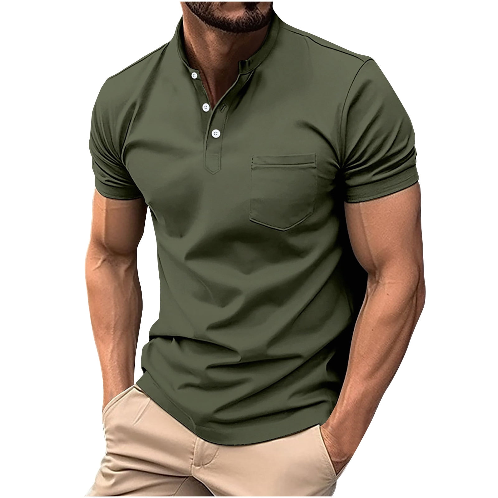 Ecqkame Mens Tops Short Sleeve Solid Color Round Neck Button Fashion ...