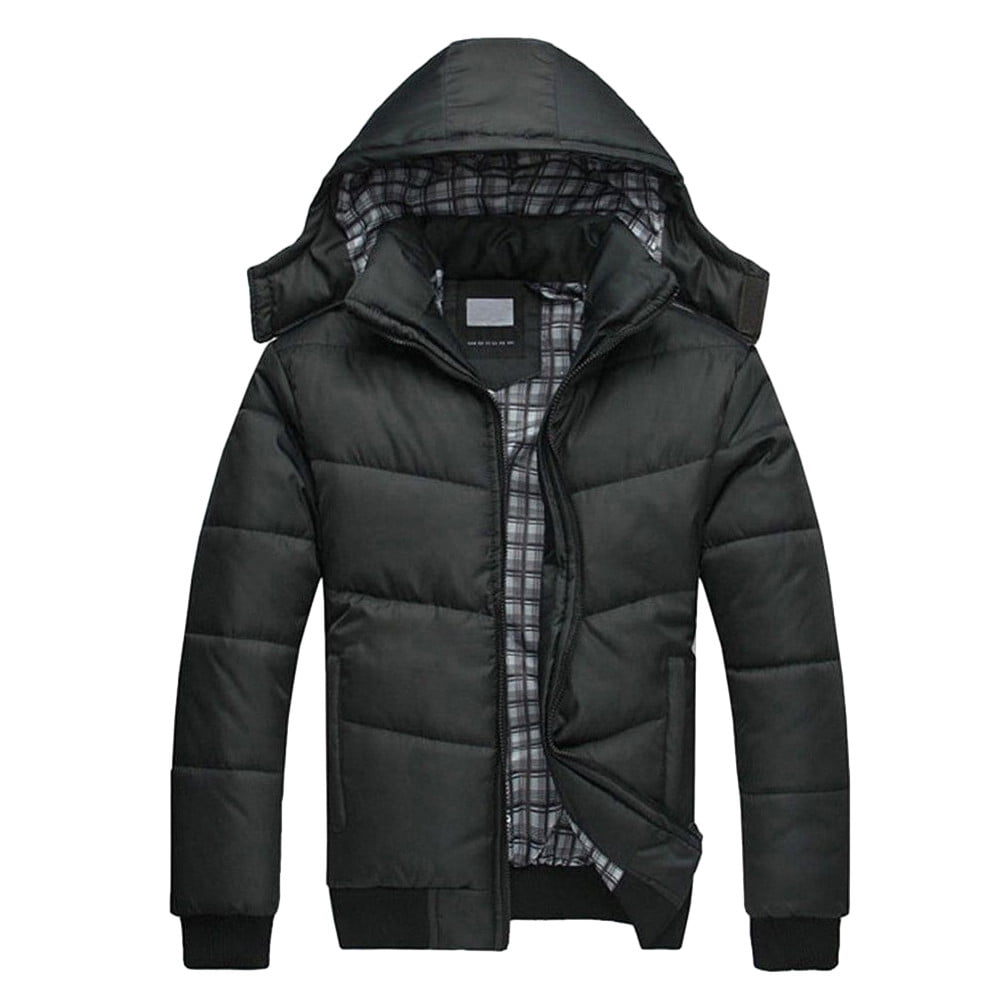 Ecqkame Men's Black Puffer Jacket, Warm Overcoat Outwear, Padded Hooded ...