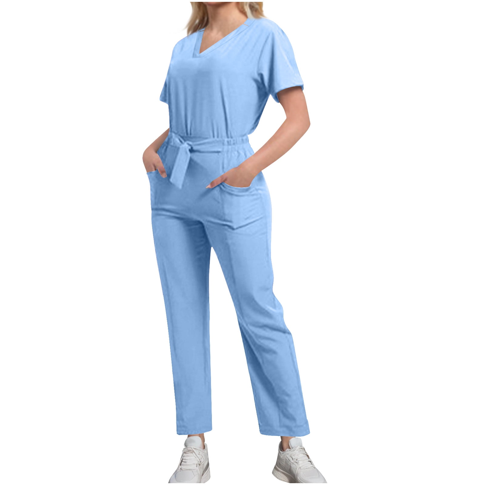 Ecqkame Two Piece Sets for Women Summer Cool Stretch Solid Color V-Neck ...