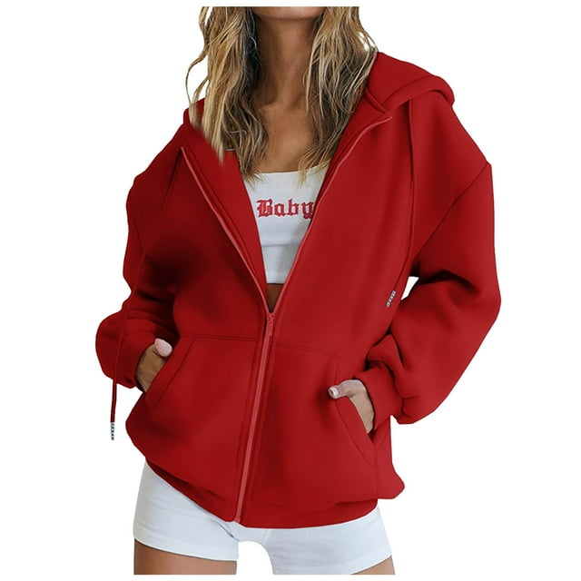 Ecqkame Oversized Zip Up Hoodie for Women Clearance Fashion Women's Zipper V-Neck Pullover Tops ...