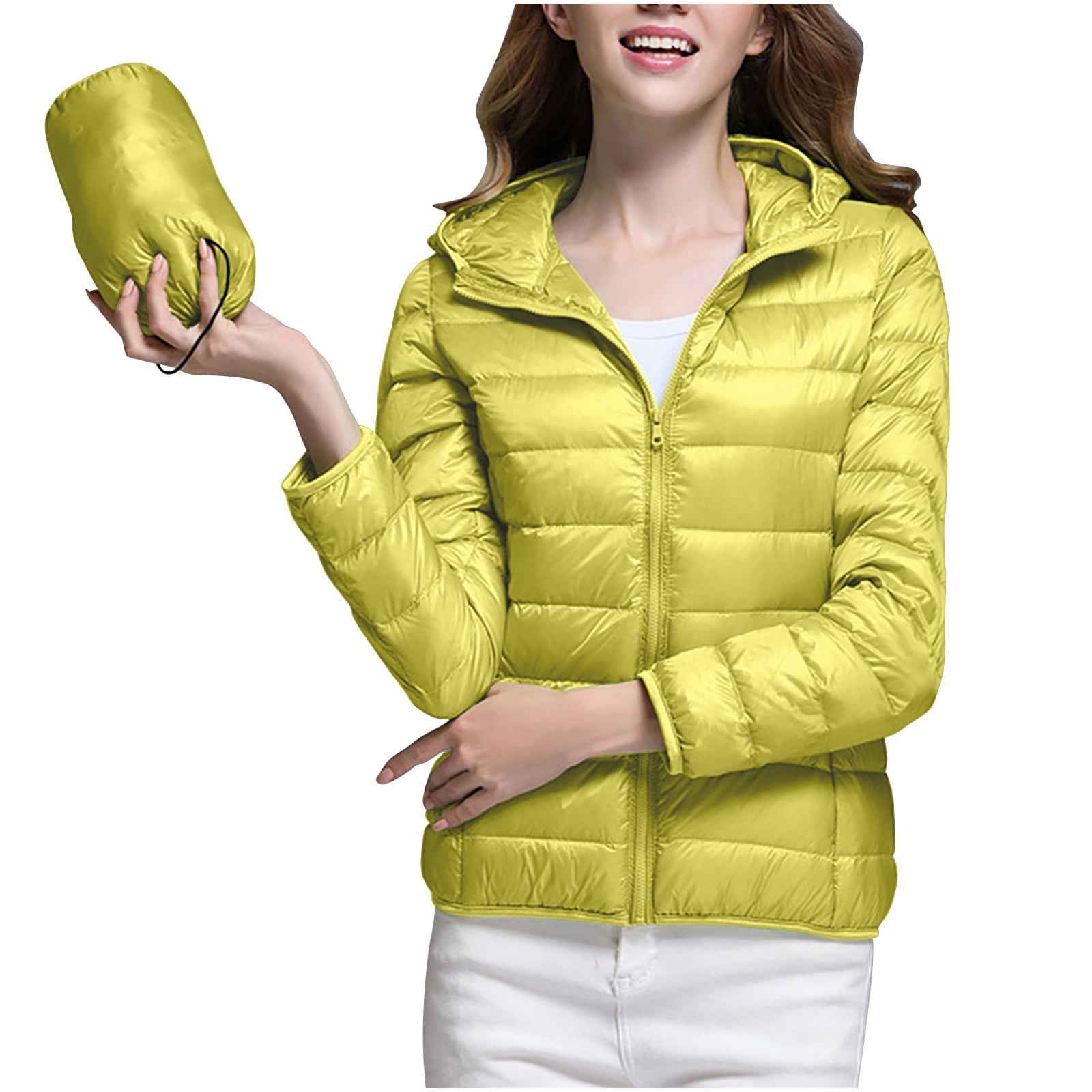 Ecqkame Packable Puffer Jacket Womens Hooded Lightweight Long Sleeved ...