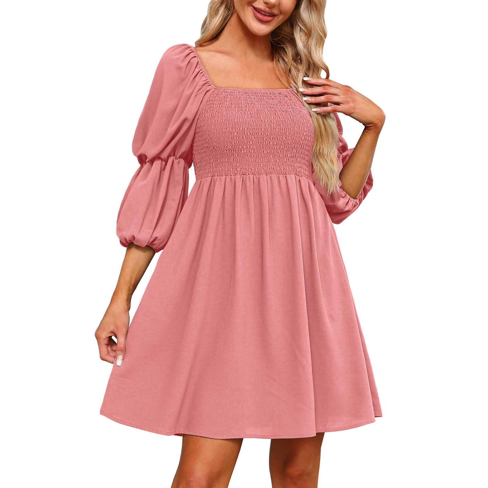 Ecqkame Sundresses for Women Casual Square Neck Puff 3/4 Sleeve Smocked ...