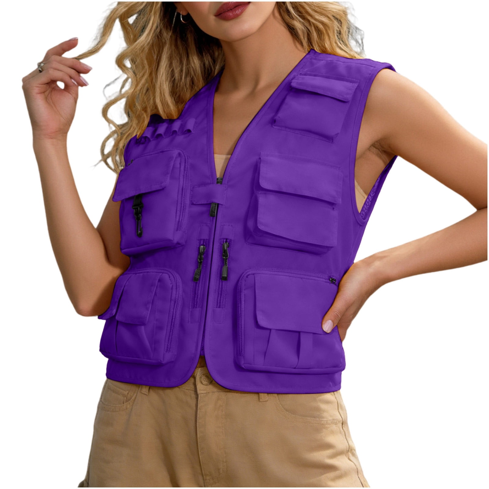 Ecqkame Tank Tops for Women Multi-Pocket Utility Vests Zip-Up ...