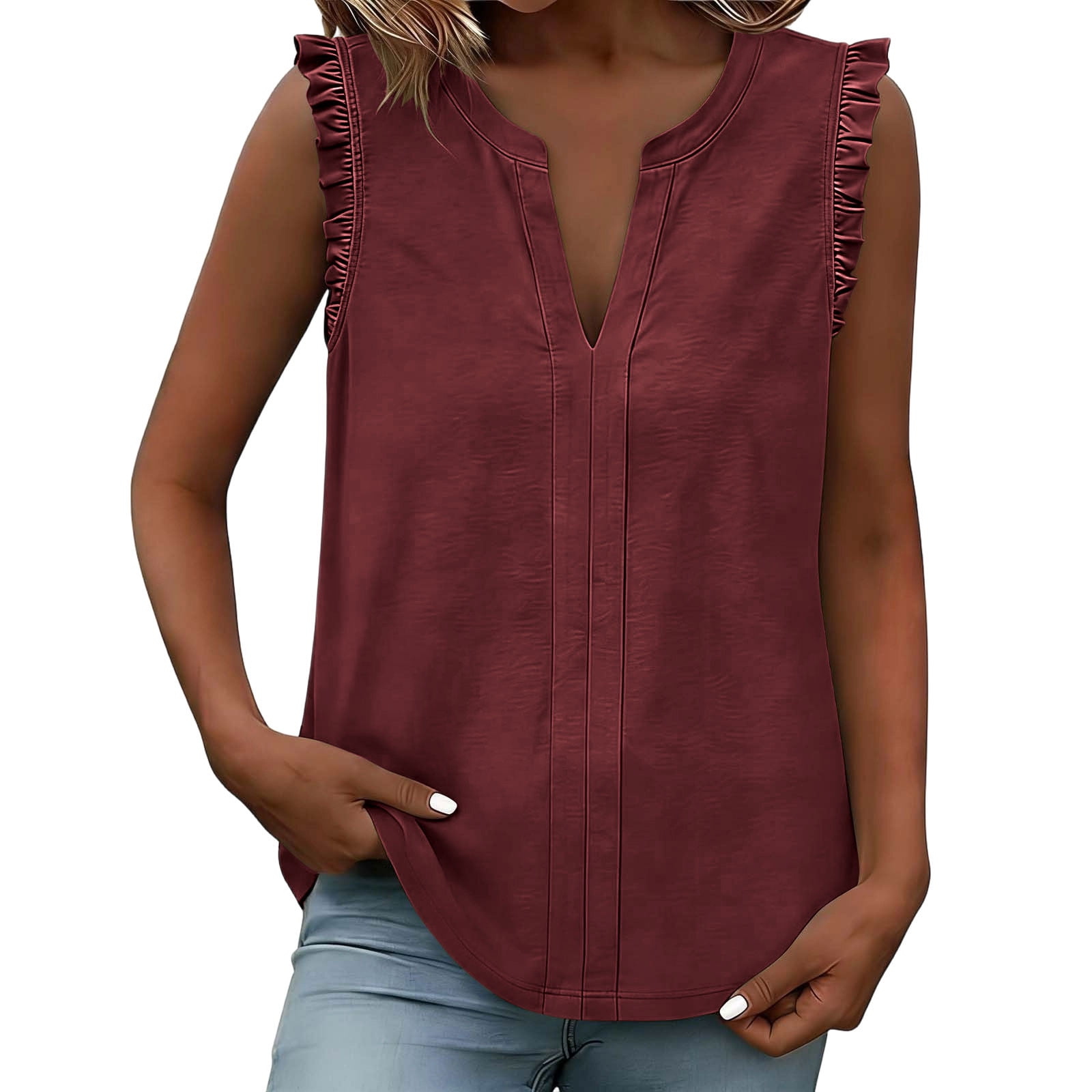 Ecqkame Tank Tops for Women Summer V Neck Sleeveless Ruffle Casual ...