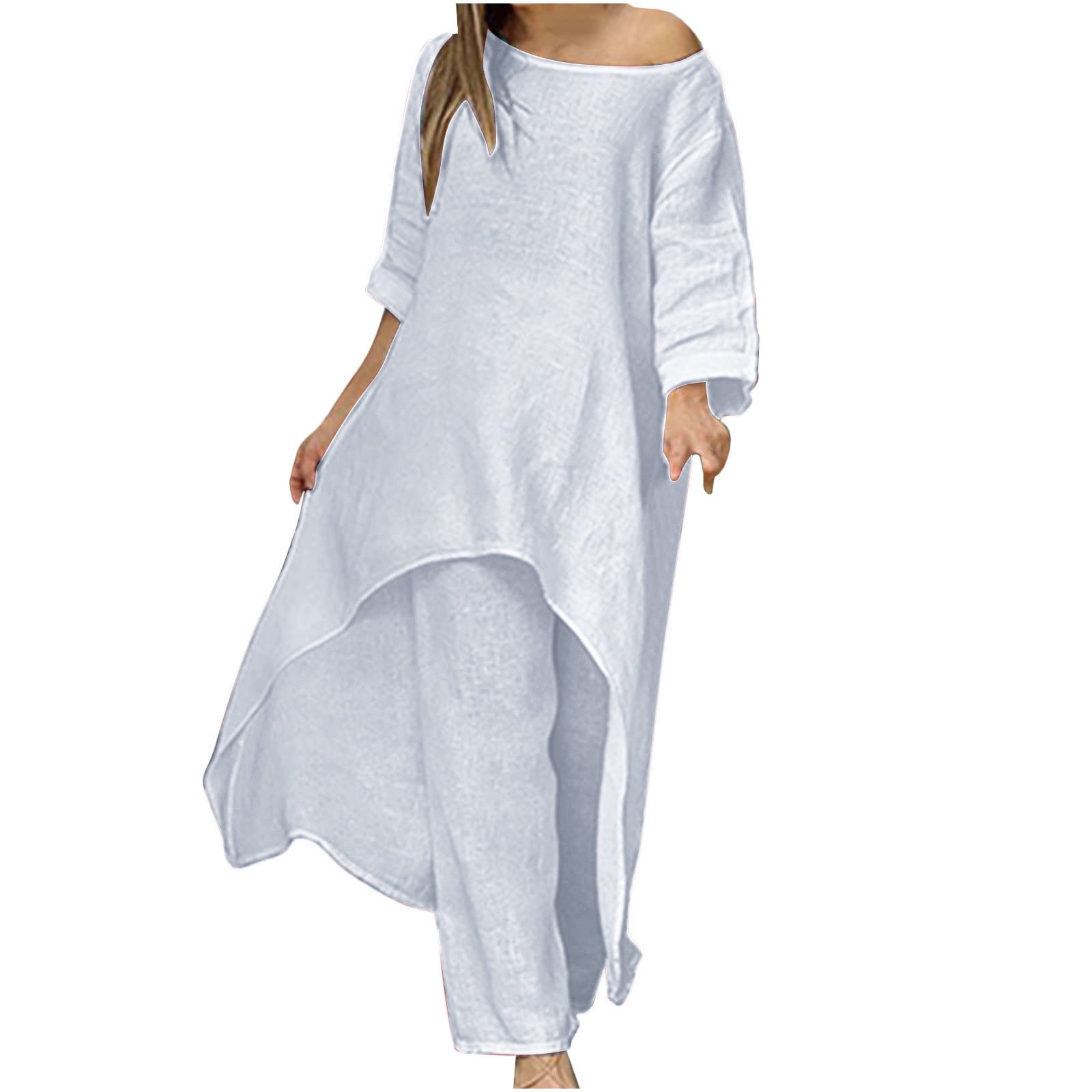 Ecqkame Two Piece Sets Women Cotton Linen Set Summer Loose Lounge ...
