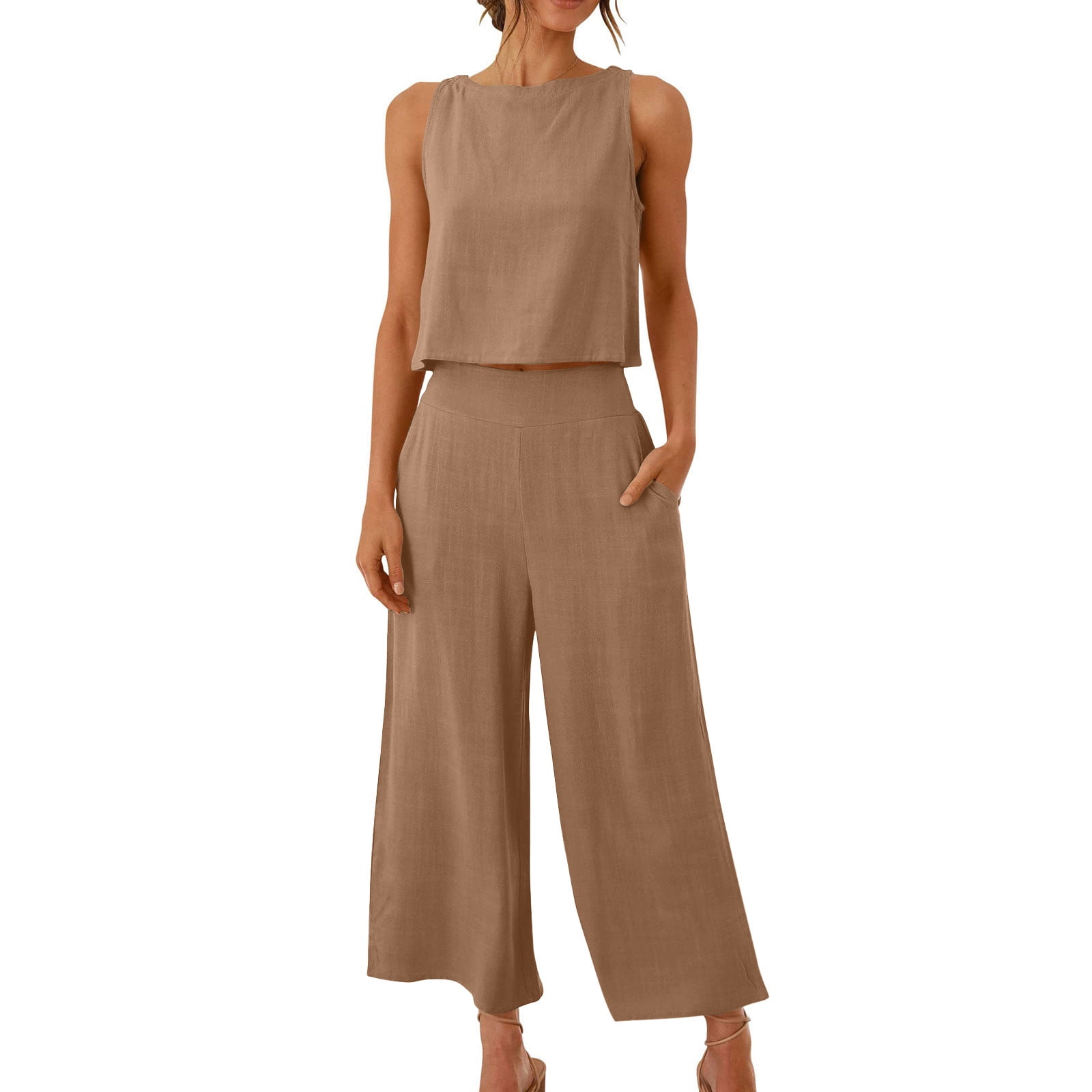 Ecqkame Two Piece Sets for Women Dressy Cotton Linen Loose Sleeveless ...
