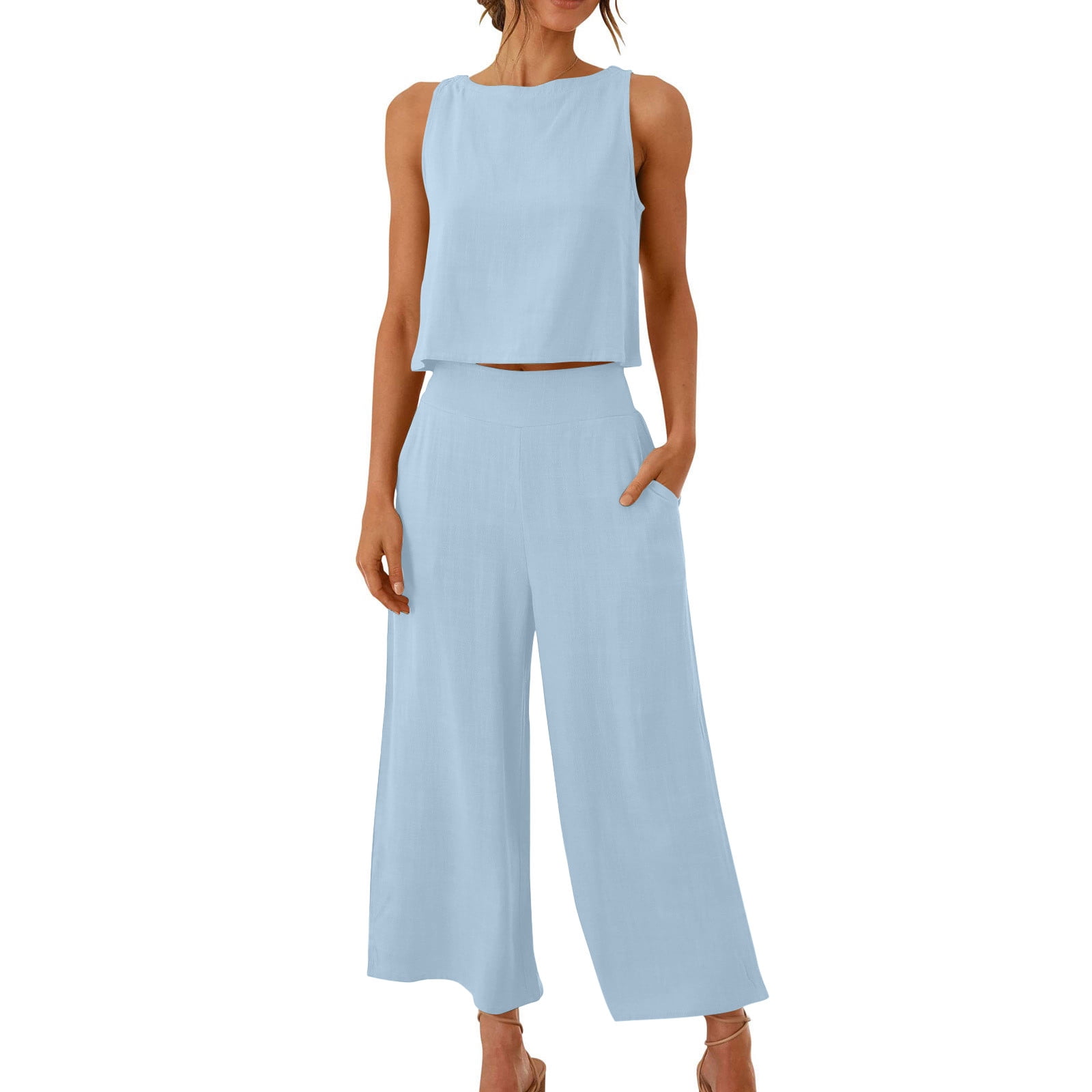 Ecqkame Two Piece Sets for Women Dressy Cotton Linen Loose Sleeveless ...