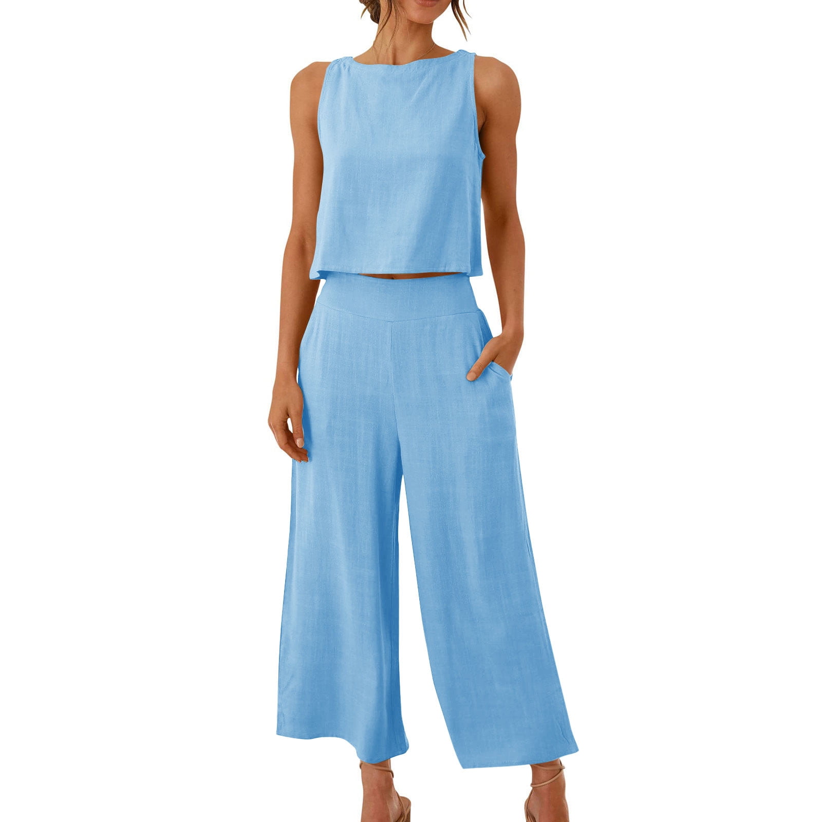 Ecqkame Two Piece Sets for Women Dressy Cotton Linen Loose Sleeveless ...