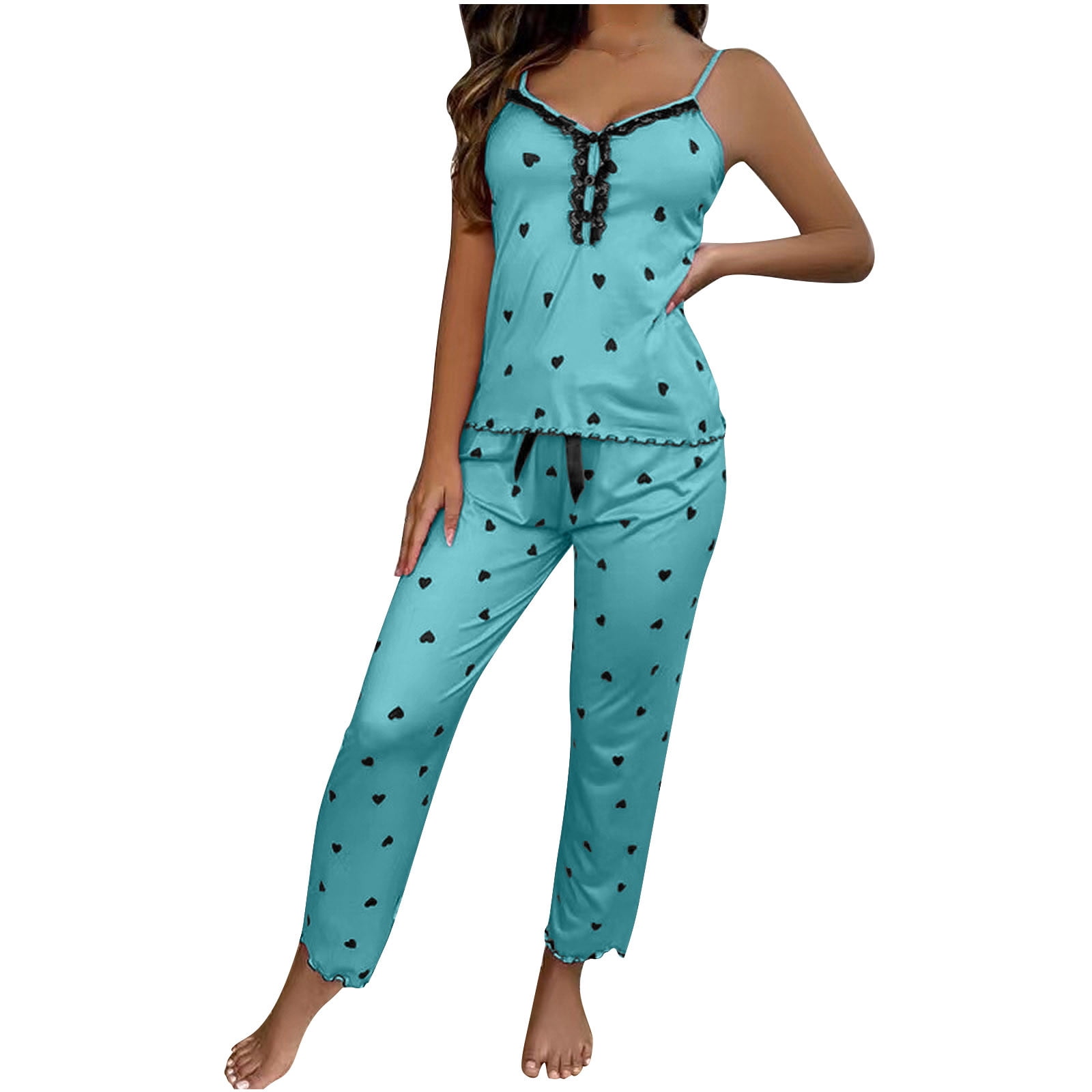 Ecqkame Women 2 Piece Pajamas Sleeveless Lace Patchwork V-Neck Cami ...