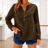Ecqkame Women Casual Linen Tops Lightweight Loose Long Sleeve V Neck ...
