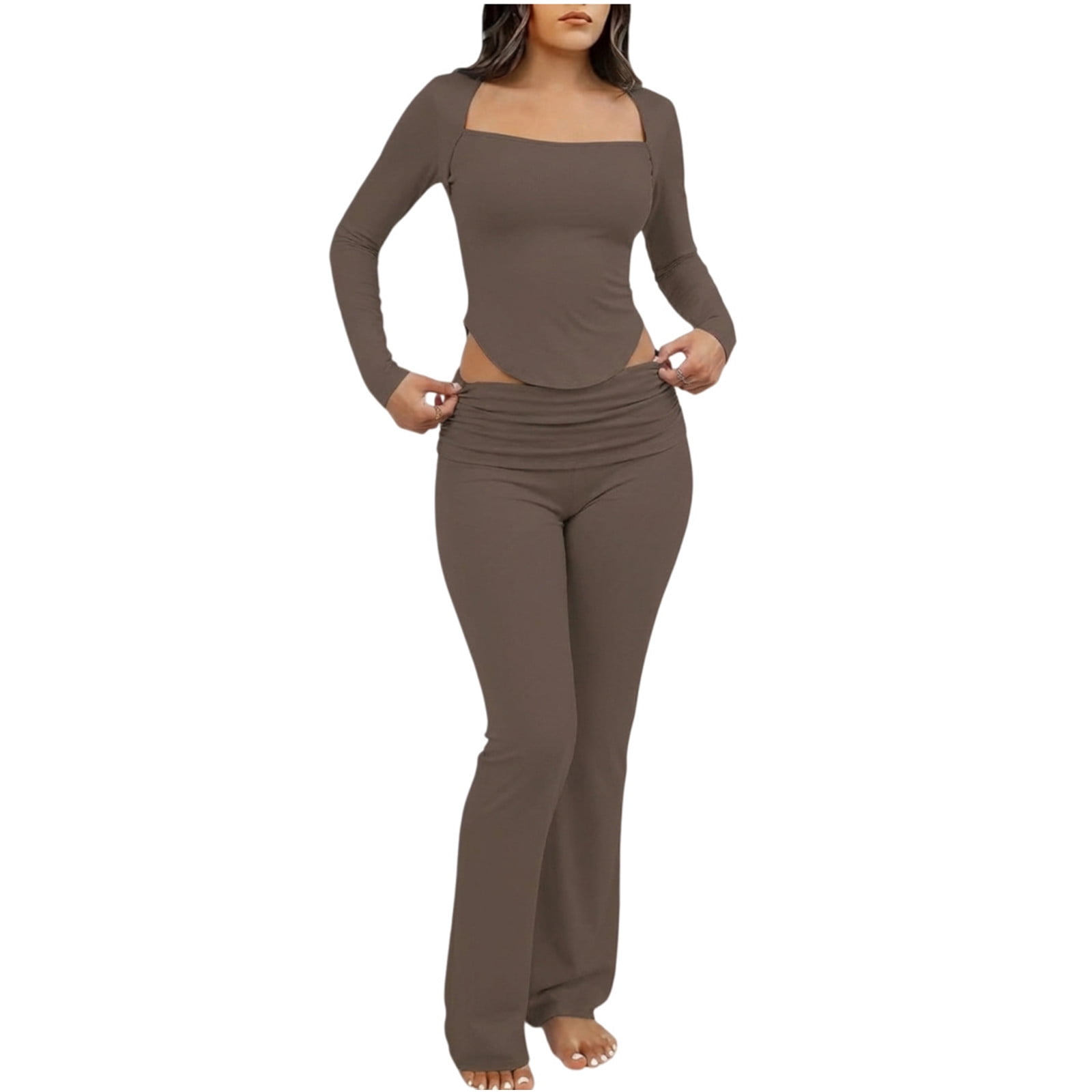 Ecqkame Women Casual Pajama Sets Solid Color V-Neck Tummy Control ...