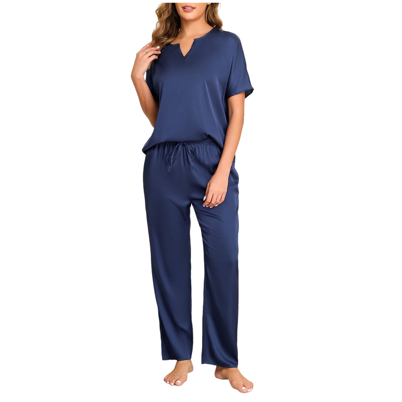 Ecqkame Women Casual Pajama Sets Solid Color V-Neck Tummy Control ...