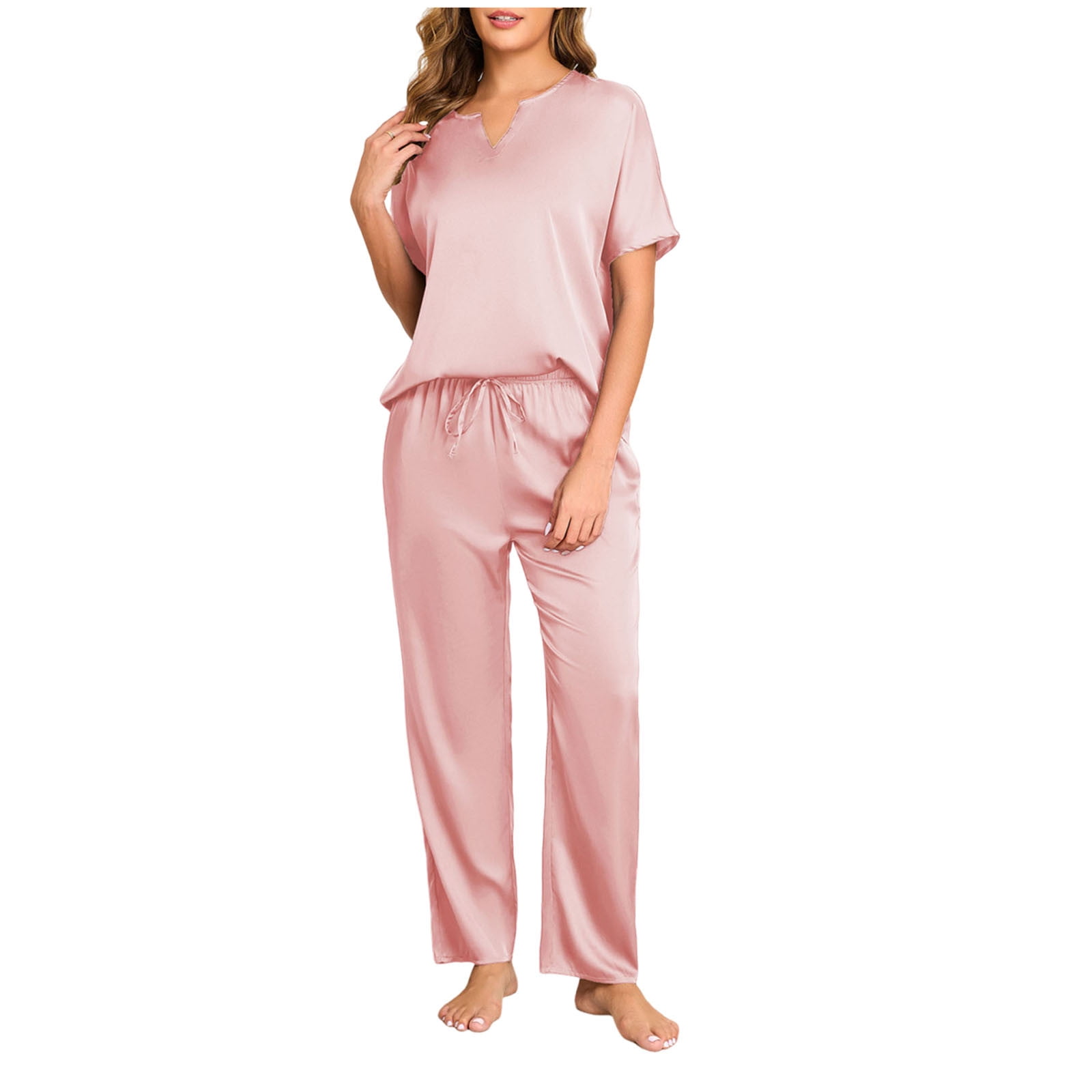 Ecqkame Women Casual Pajama Sets Solid Color V-Neck Tummy Control ...