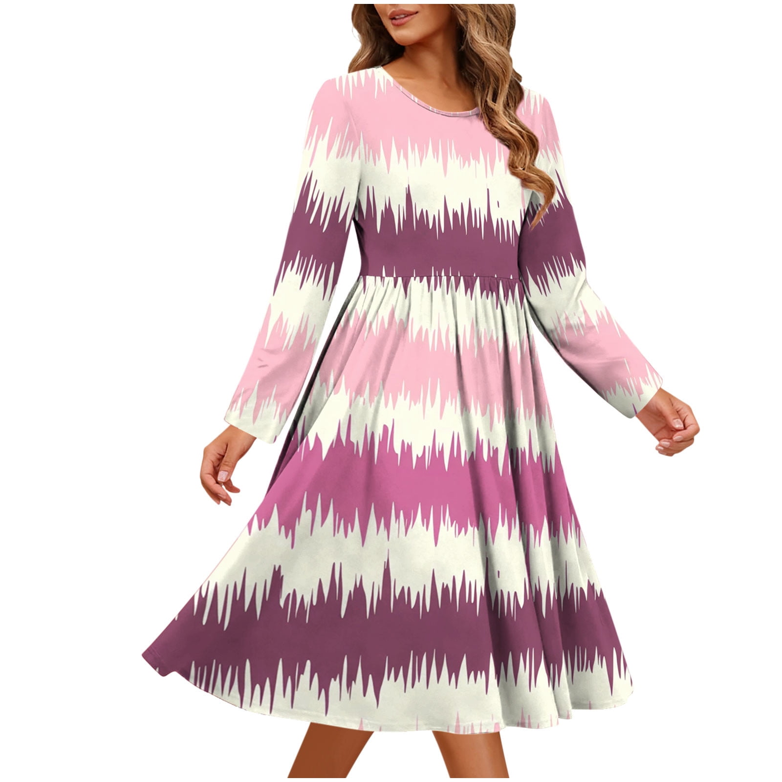 Ecqkame Women Long Sleeve Dresses Fashion Printed Crewneck Flowy Dress ...