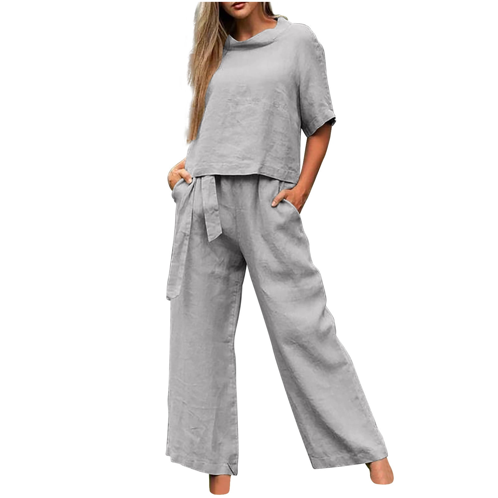 Ecqkame Women's 2 Piece Cotton Linen Outfit Clearance Spring And Fall ...