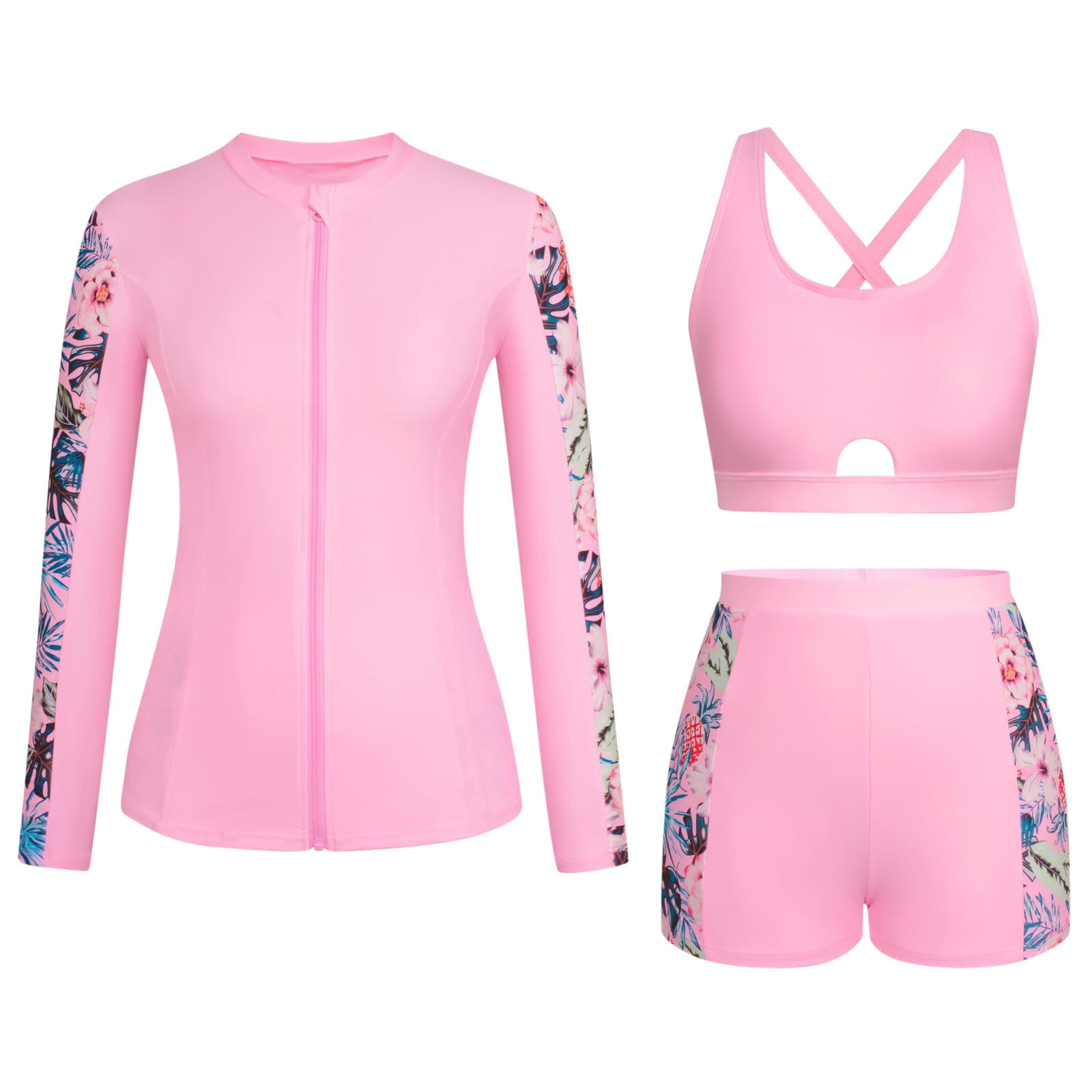 Ecqkame Women's 3 Piece Swimsuits Rash Guard Long Sleeve Full Zipper ...