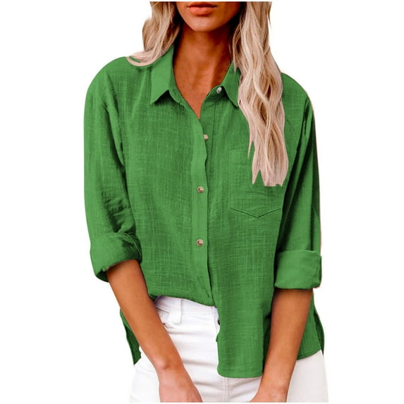 Ecqkame Women's Button Up Shirts Turndown Collar Roll-Up Sleeve Cotton ...