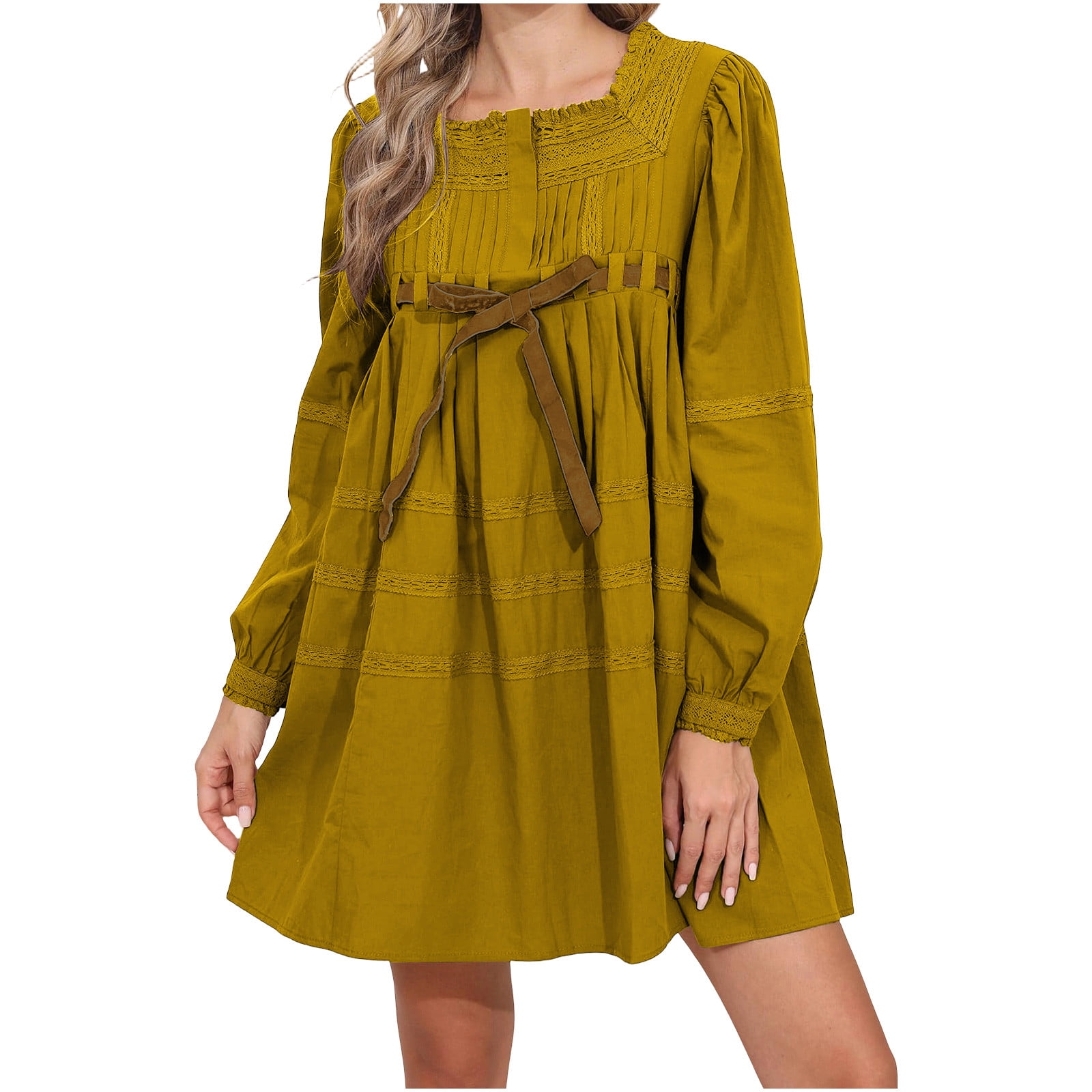 Ecqkame Women's Casual Loose Mini Dresses Long Sleeve Smocked Wrap ...