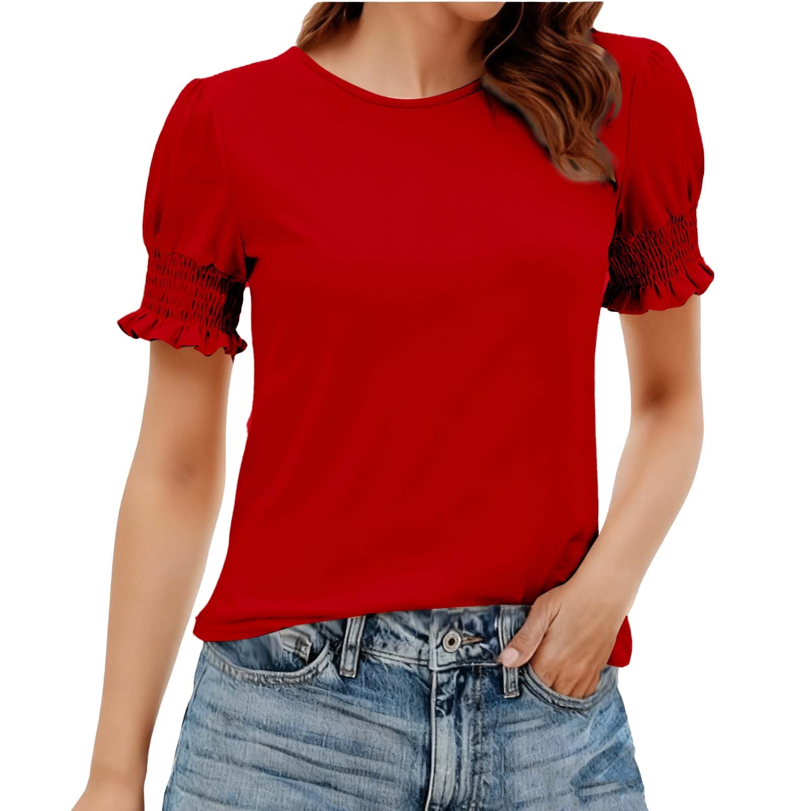 Ecqkame Women's Casual T Shirts Lace Short Sleeve Solid Color Round ...