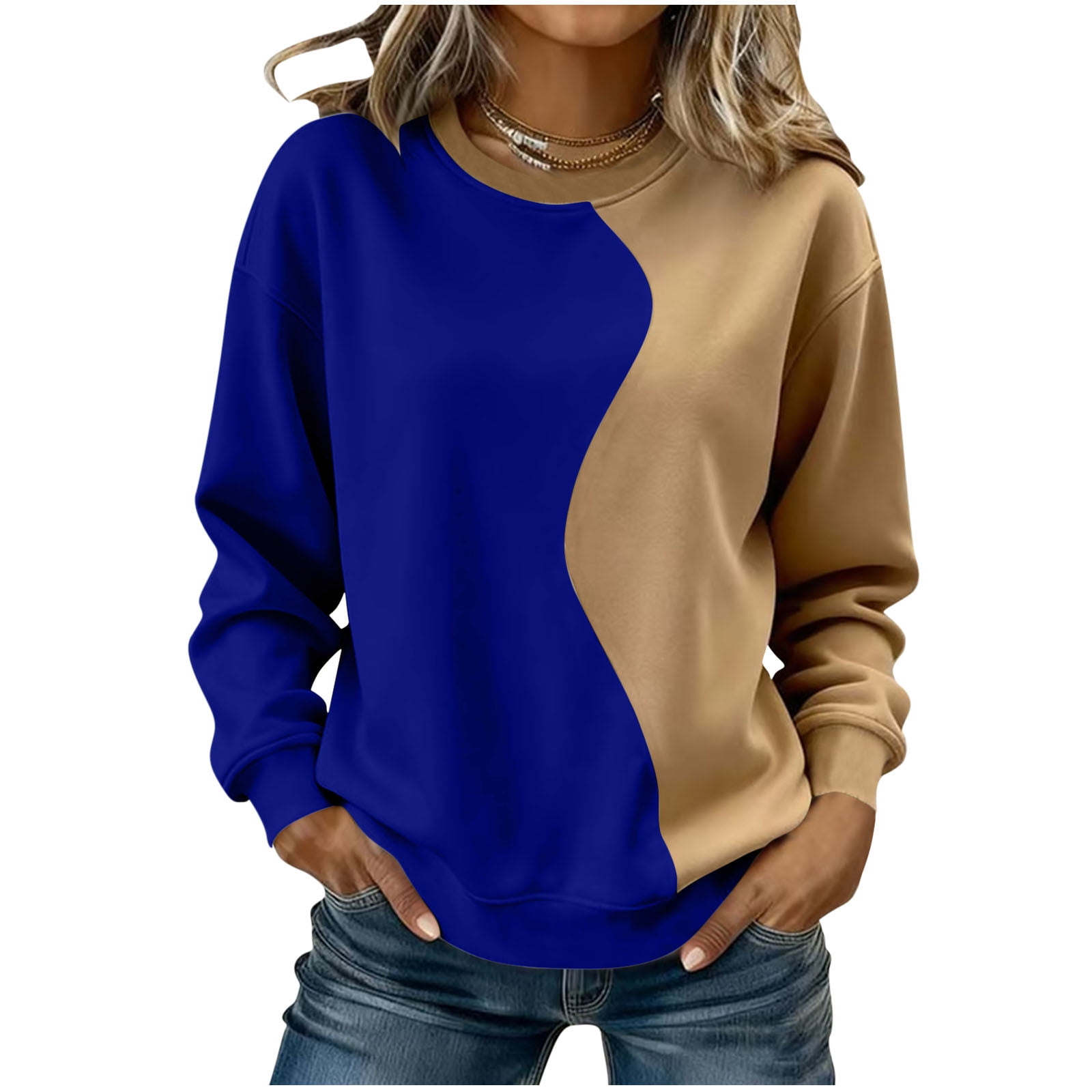 Ecqkame Women's Color Block Shirts Crewneck Long Sleeve Tunics Tops ...