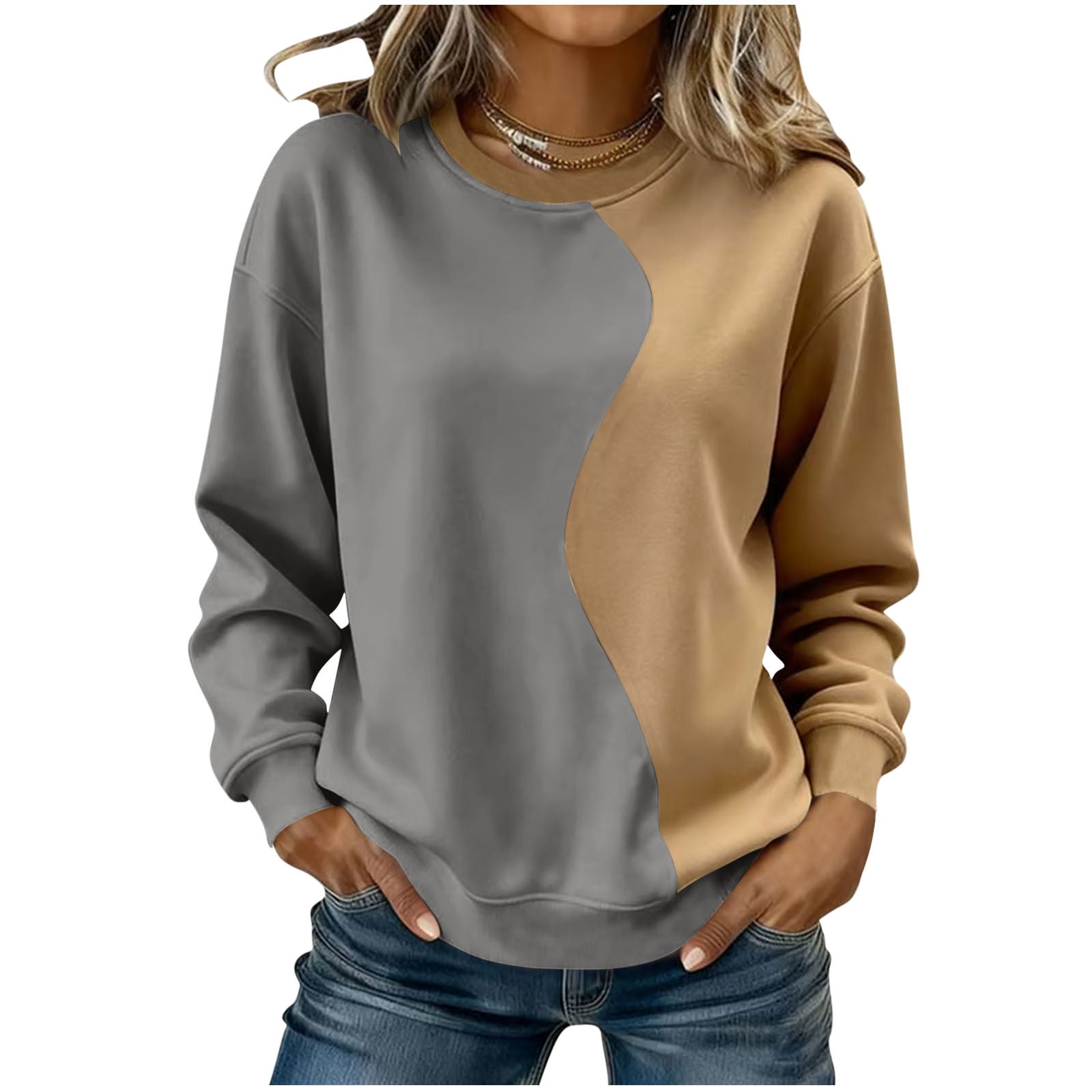 Ecqkame Women's Color Block Shirts Crewneck Long Sleeve Tunics Tops ...