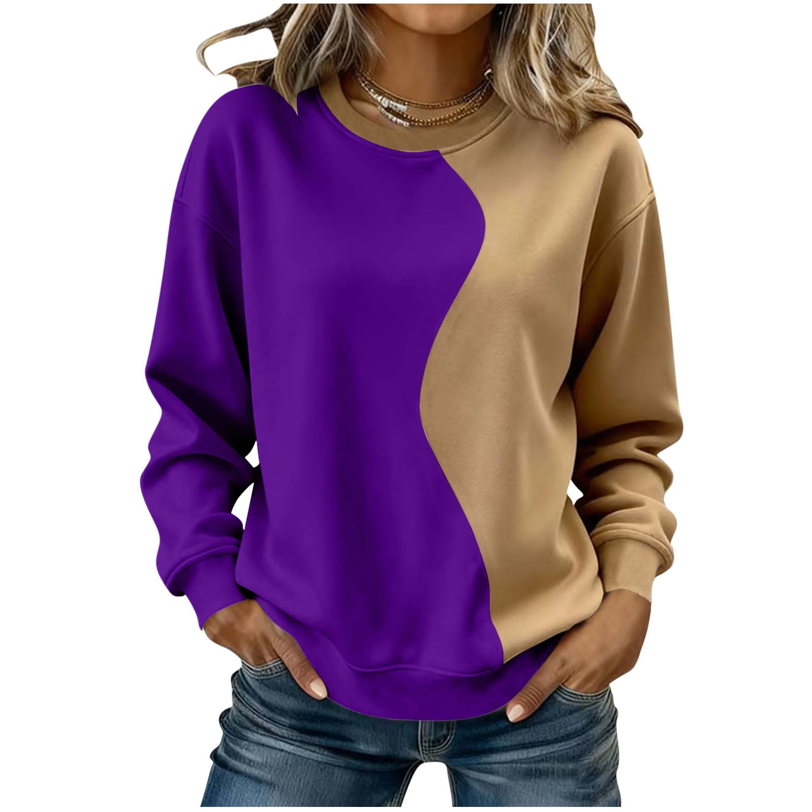 Ecqkame Women's Color Block Shirts Crewneck Long Sleeve Tunics Tops ...