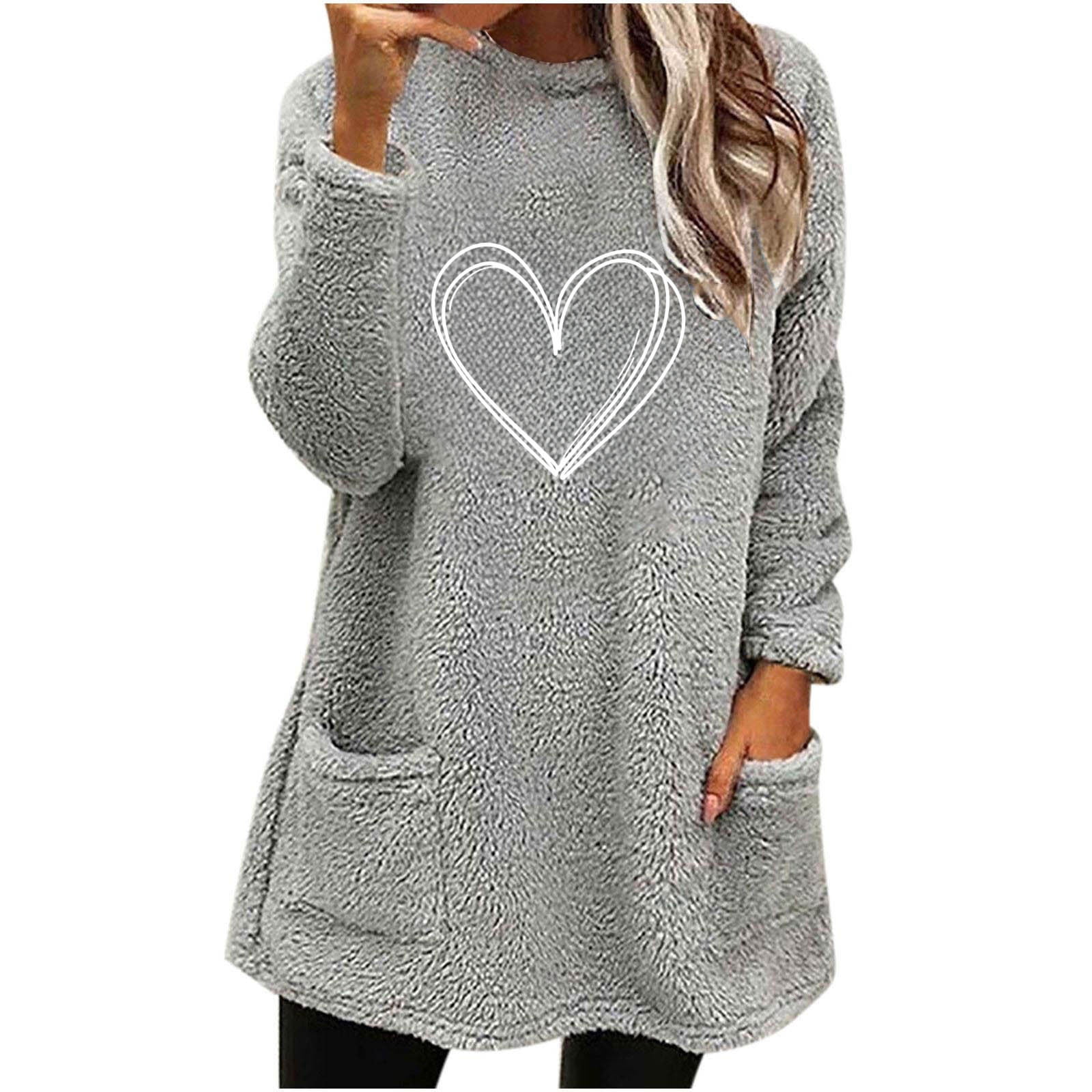 Ecqkame Women's Crew Neck Sweatshirts Winter Sherpa Printed Pocket Top ...