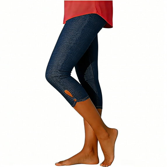 Ecqkame Women's Denim Capris Casual Solid Color Elastic High Waisted ...