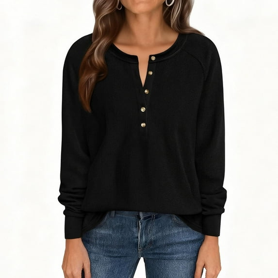 Ecqkame Women's Henley Shirts Textured Walf Checks Long Sleeve ...