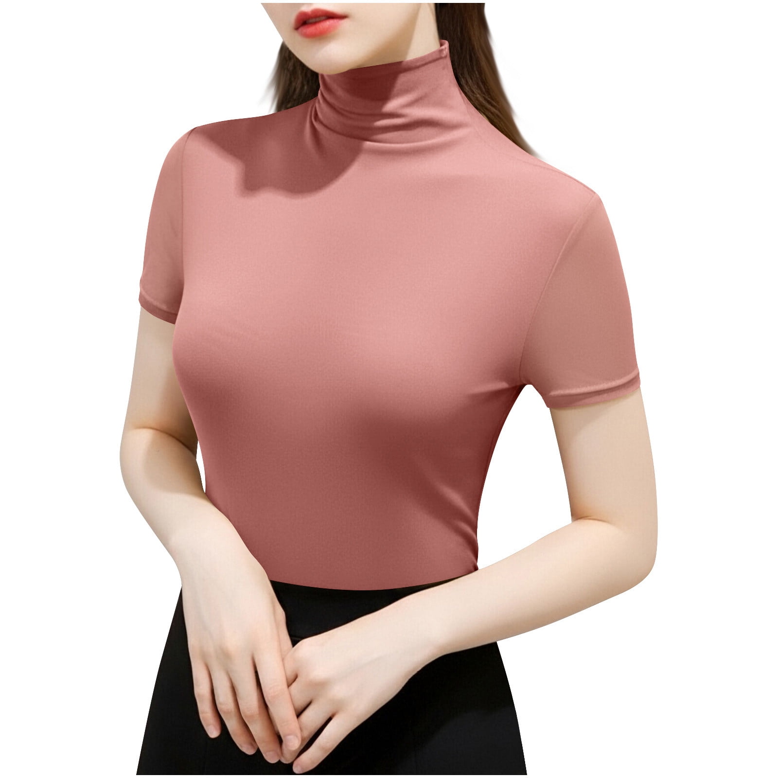 Ecqkame Women's High Neck Tops Elastic Tunic Short Sleeve Casual Shirts ...
