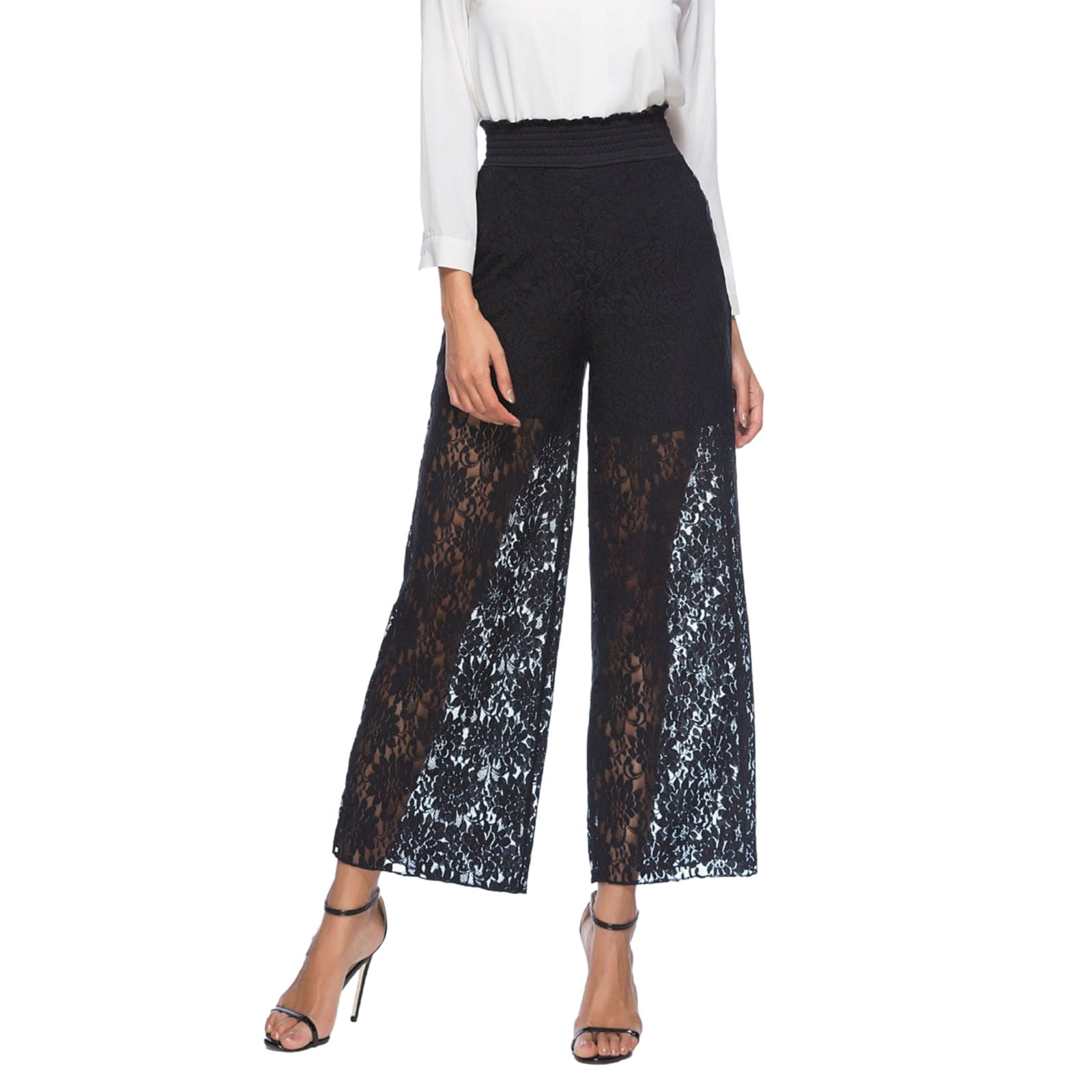 Ecqkame Women's Lace Pants Fashion Mesh Sheer Elastic High Waist ...