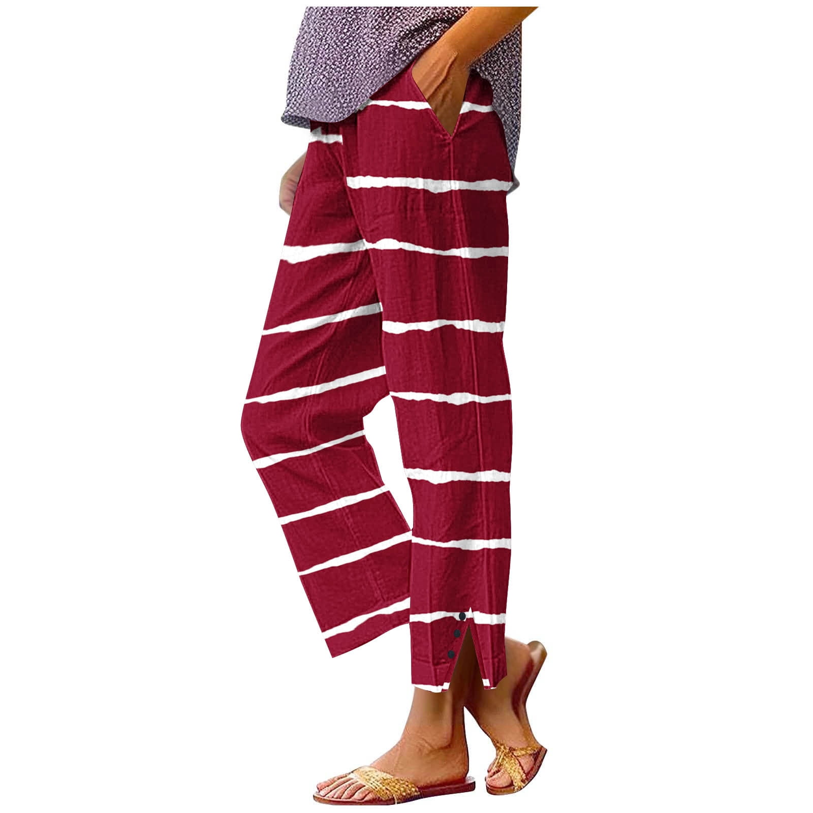 Ecqkame Women's Lightweight Linen Pants Elastic Waist Casual Straight ...